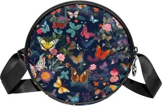 Generic Sac &agrave; bandouli&egrave;re rond pour femme, motif papillon, fleurs, petit sac &agrave; bandouli&egrave;re avec fermeture &eacute;clair, bretelles r&eacute;glables, sac &agrave; main rond d&eacute;contr