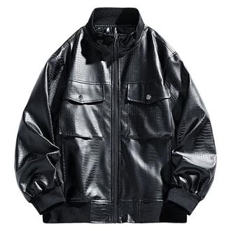 Generic Veste de moto d&eacute;contract&eacute;e en similicuir pour homme avec col montant et fermeture &eacute;clair &agrave; manches longues, Noir, 3XL