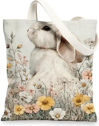 Generic Sacs fourre-tout en toile florale, motif lapin, sacs dépicerie réutilisables, légers et lavables à bandoulière pour G, Blanc, 13x15 Inch