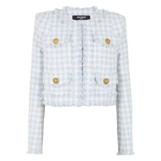 Balmain Veste en tweed &agrave; carreaux - Femme - Vestes - Bleu - Taille: 44 FR