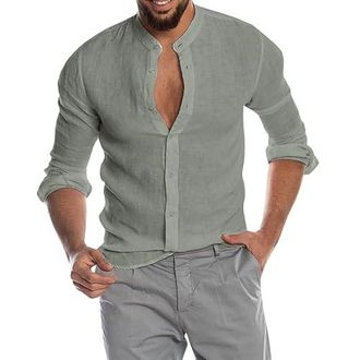 Generic Chemise en lin blanc pour homme, chemise en lin, chemises &agrave; manches longues, chemises blanches, coupe droite, t-shirt noir, col en V, hauts d&eacute;contract