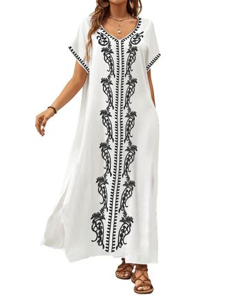 Bsubseach Kaftan Kleider f&uuml;r Frauen Floral Stickerei Badeanzug Cover Up V Hals Kaftan Badeanzug Coverup Wei&szlig;
