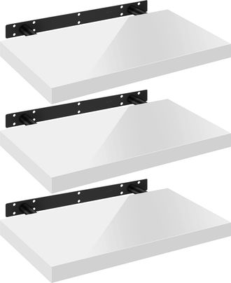 Woltu Wandregal Hochglanz Weiß Set von 3 Regalen Wandboard freischwebend Schweberegal CD DVD Regal Bücherregal Holz Board 60x22,9x3,8cm, Wanddeko für Wohnzi
