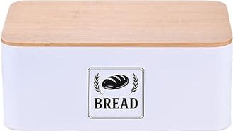 Relaxdays Brotkasten, Bambusdeckel, Metall, HxBxT: 13,5 x 33 x 19 cm, Retro Brotaufbewahrungsbox, Brotbehälter, weiß