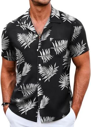 Coofandy Chemise Hawaienne Homme Manches Courtes Casual Chemise été avec Poche Chemise de Plage Regular Fit Feuilles de Palmier Noir L