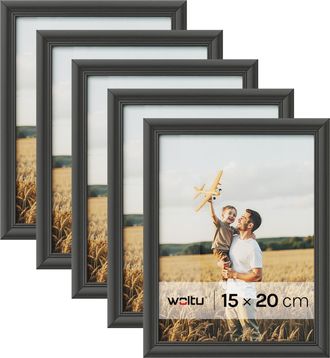 Woltu Bilderrahmen 15x20cm 5er Set Fotorahmen Holzrahmen mit Passepartout, zum vertikalen oder horizontalen Aufhängen/Aufstellen, Posterrahmen Collage Wandd