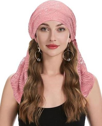 ZLYC Bonnet Turban Chimio pour Femme - Foulard pré-noué - Chapeau léger, Dentelle Double Couche Rose, Taille Unique