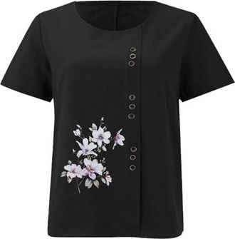 Generic Haut ample d&eacute;contract&eacute; &agrave; manches courtes et col rond en lin pour femme, chemisier d&eacute;t&eacute; &agrave; motif floral pour la plage, les vacances et les voyages, Noir