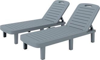 OUTSUNNY Lot de 2 bains de soleil inclinable - plateau r&eacute;tractable - PP textur&eacute; effet bois gris