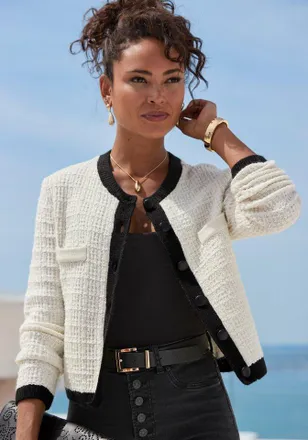 Lascana Strickjacke mit dezentem Lurexgarn, Kontrastb&uuml;ndchen, casual-chic, elegant