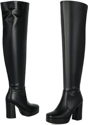 Generic Bottes au-dessus du genou pour femme - Style minimaliste - Bout carr&eacute; - Talons &eacute;pais - Avec fermeture &eacute;clair lat&eacute;rale, Noir, 38.5 EU