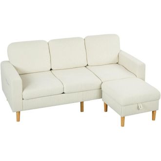 HOMCOM Homcom - Canap&eacute; 3 places velours c&ocirc;tel&eacute; style nordique avec repose-pieds coffre coussins d&eacute;houssables beige clair