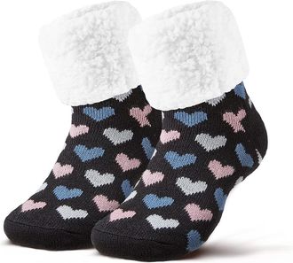 Piarini 1 Paar Kuschelsocken ABS Sohle warme Damen Socken H&uuml;ttensocken Wintersocken Anti Rutsch Noppen Herz Schwarz (One-Size)