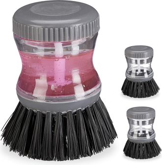 Relaxdays Sp&uuml;lb&uuml;rste mit Sp&uuml;lmittelspender, 3er Set, 60 ml Tank zum Bef&uuml;llen, rund, Geschirr reinigen, Sp&uuml;lhilfe, grau