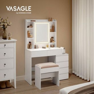 Vasagle Coiffeuse, Grand Miroir LED à Luminosité Réglable, Table de Maquillage avec Miroir, Compartiments Ouverts, Tabouret, Étagères Réglables