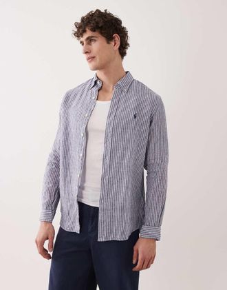 Polo Ralph Lauren Gestreiftes Leinenhemd in Marineblau und Wei&szlig; mit Polospieler-Logo-Grau