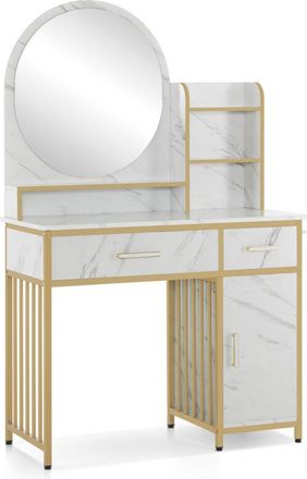 MCombo M Mcombo Schminktisch mit Spiegel, Frisiertisch Make-up Tisch mit 2 Schubladen, 3 Offene Ablagen, Föhnhalter, Kosmetiktisch aus Holz Metallgestell