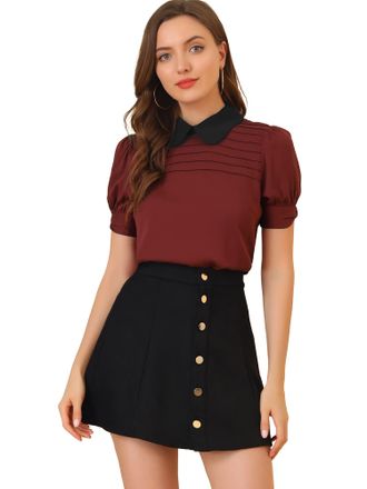 Allegra K Damen Bubikragen Kontrast Puff&auml;rmel Kurzarm Casual Elegant Bluse Top Burgund S