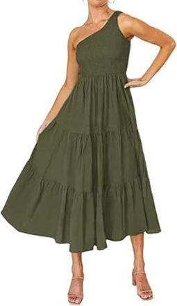 Generic Robe d&eacute;t&eacute; d&eacute;contract&eacute;e &agrave; volants de couleur unie sans manches pour femmes, robe d&eacute;t&eacute; d&eacute;contract&eacute;e &agrave; &eacute;paules d&eacute;nud&eacute;es, robe de plage mi-longue 2026, Ve