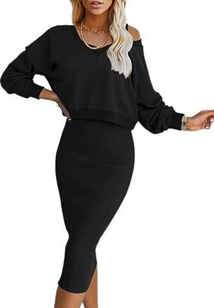 Onsoyours Femme Robe Tricotée Deux Pièces Costume Pull Haut Et sans Manches Robe Midi Tricot Bodycon 2 Pièces Ensemble Robe Tricot Hiver Robe Pull A Noir XL