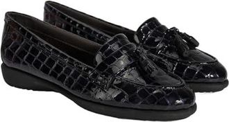 Desa Mocassins pour Femme - Tige en Cuir Verni, d&eacute;tail Pompon, &agrave; Enfiler, Talon Plat, Respirants | Noir - 41