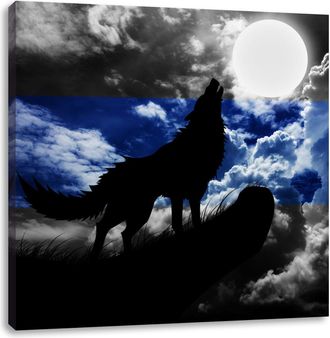 Pixxprint Wolf Silhouette im Vollmond, Gr&ouml;&szlig;e: 40x40, Leinwandbild Quadratisch, Wandbild, Kunstdruck, fertig bespannt