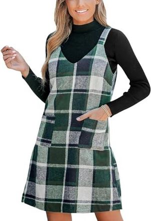 Cupshe Robe d&eacute;contract&eacute;e pour femme Mini Tablier Plaid V Col V Sans Manches Bretelles Larges A Ligne avec Poches, Vert, XL