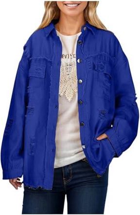 Generic Vestes classiques pour femmes, veste en jean de couleur unie, mi-longue, style vieilli, &agrave; manches longues, manteau en jean d&eacute;contract&eacute; 2026, bleu, XXL