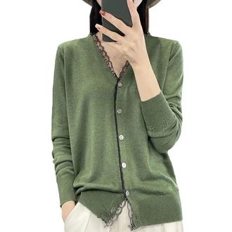 Generic Cardigan en cachemire pour femme - Col en V - Tendance - Solide, vert feuille, Taille XS