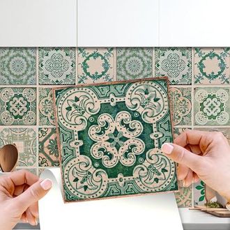 Walplus 24 St&uuml;ck 15x15cm Vintage Green Antique Azulejo Wandfliesen Aufkleber K&uuml;chenr&uuml;ckwand Selbstklebende Fliesen K&uuml;che Bad Dekoration Fliesenfolie Fliesenab