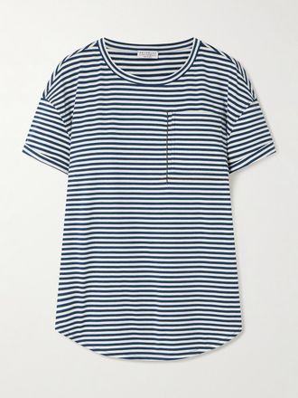 Brunello Cucinelli T-shirt En Jersey De Coton &Agrave; Rayures Et &Agrave; Perles - Bleu