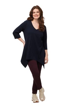 Ulla Popken T- Shirt Mit V-Ausschnitt Und Spitzem Saum Aus Umweltfreundlicher Baumwolle Damen, Marine, 50-52