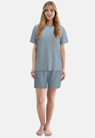 Tom Tailor Shorty TOM TAILOR, Damen, Gr. 36, blau, mittel, allover, Single Jersey, Obermaterial: 95% Baumwolle, 5% Elasthan, bequem extrakurz, Rundhals, gerader 