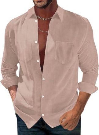 Onsoyours Chemise Homme Velours Côtelé Unie Manches Longues Casual Western avec Poche Regular Fit Couleur Unie Boutonné Chemises légères Chemise Manteau A Vin R