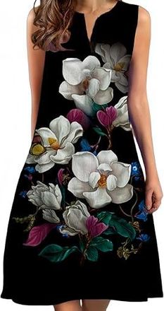 Ocean Plus Femme Robe dété Mi-Longue Décontractée Col en V sans Manches Grande Taille (3XL, Camélia)