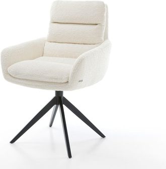 DELIFE Drehstuhl Abelia-Flex mit Armlehnen Bouclé Weiß Kreuzgestell breit Schwarz 360° drehbar Wippfunktion, Esszimmerstühle