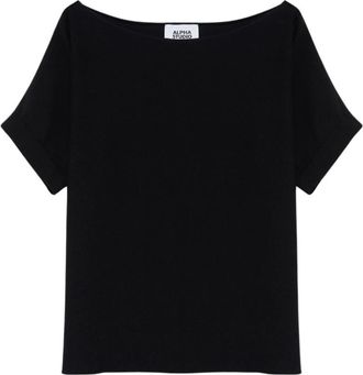 Alpha Studio Femme, Tops, Noir, Taille: 42 FR Maglia in crepe di cotone scollo a barca e maniche kimono