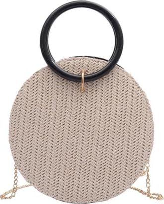 Hemoton Sac Bandoulière Femme Petit Rond Paille Tressée Mode Léger Élégant pour Sorties Courantes et Voyages Blanc