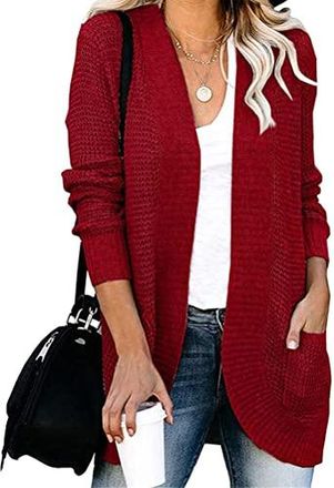 TOMWELL Gilet Femme Pulls Tricot Long Cardigan Veste Manches Longues Pull Manteau Hiver Chaud Tricot&eacute; Sweaters Couleur Unie Pull Cardigan Outwear avec Poches 