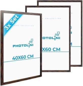 Photolini Cadres 40x60 bois MDF chêne foncé, cadre 40x60 lot de 3 pour poster et affiches, cadre 40 x 60 verre acrylique incassable, cadre photo 60x40 à suspend