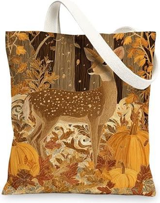 Generic Sacs fourre-tout en toile de cerf, sacs dépicerie réutilisables, style dautomne rustique, léger, lavable, bandoulière C, marron, 13x15 Inch