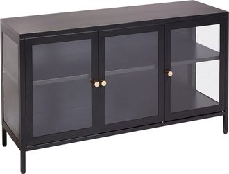 Beliani Sideboard Metall schwarz mit Vitrine 3 Glastüren hohe Beine Griffe Gold Newport