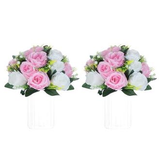 Nuptio 2 Pi&egrave;ces Fleurs Artificielles, 15 T&ecirc;tes de Roses Plastique avec Base, Convient au Centre de la Table Mariage Notre Magasin pour Les F&ecirc;tes D&eacute;coration d