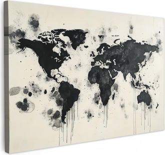 MuchoWow © Leinwand Bilder 90x60 cm Wanddeko Wohnzimmer Aesthetic Room Decor Deko Zimmer Wandbilder Modern Bild auf Leinwand Weltkarte - Schwarz - Tinte
