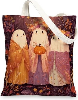 Generic Sacs fourre-tout en toile fantaisie, motif citrouille dHalloween vintage, sacs dépicerie réutilisables, légers et lavables, violet, 13x15 Inch