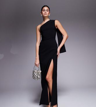 Vesper Robe longue et asymétrique en bengaline effet drapé fendue sur le côté - Noir