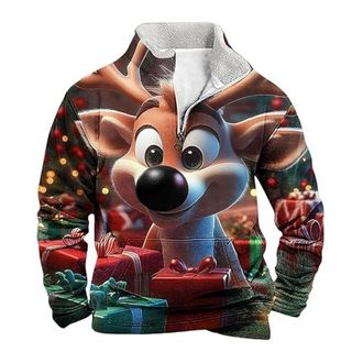 Generic Pull de Noël pour homme avec imprimé Père Noël amusant et fermeture éclair quart de long, col doublé en polaire, imprimé graphique de Noël, sweatshirt