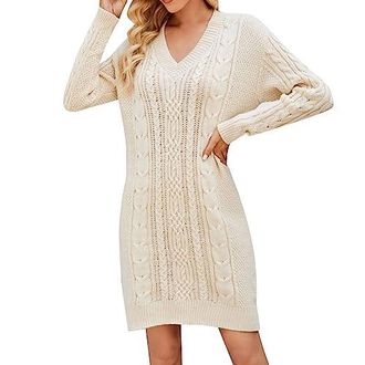 QUINTRA Femmes Pull Robe Maxi Manches Longues Bouton col en V surdimensionn&eacute; d&eacute;contract&eacute; l&acirc;che Robe Pull en Robes Noires Femmes (AC-Beige, XXL)