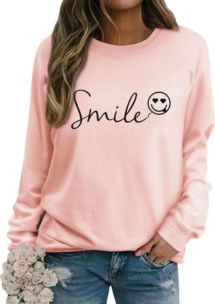 Dresswel Damen Sweatshirt Smile Brief Drucken Pullover Lustiges Lächelndes Rundhals Langarmshirt Baumwolle Pulli Herbst Winter Casual Oberteile Langarm Tops(He