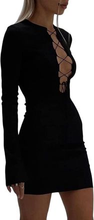 Onsoyours Maxikleider Damen Langarm Y2k Aesthetic Kleider Sexy Cut Outs Partykleid Elegant Einfarbig Schlitz Freizeitkleid Slim Fit Abend Kleid Party Club Stree
